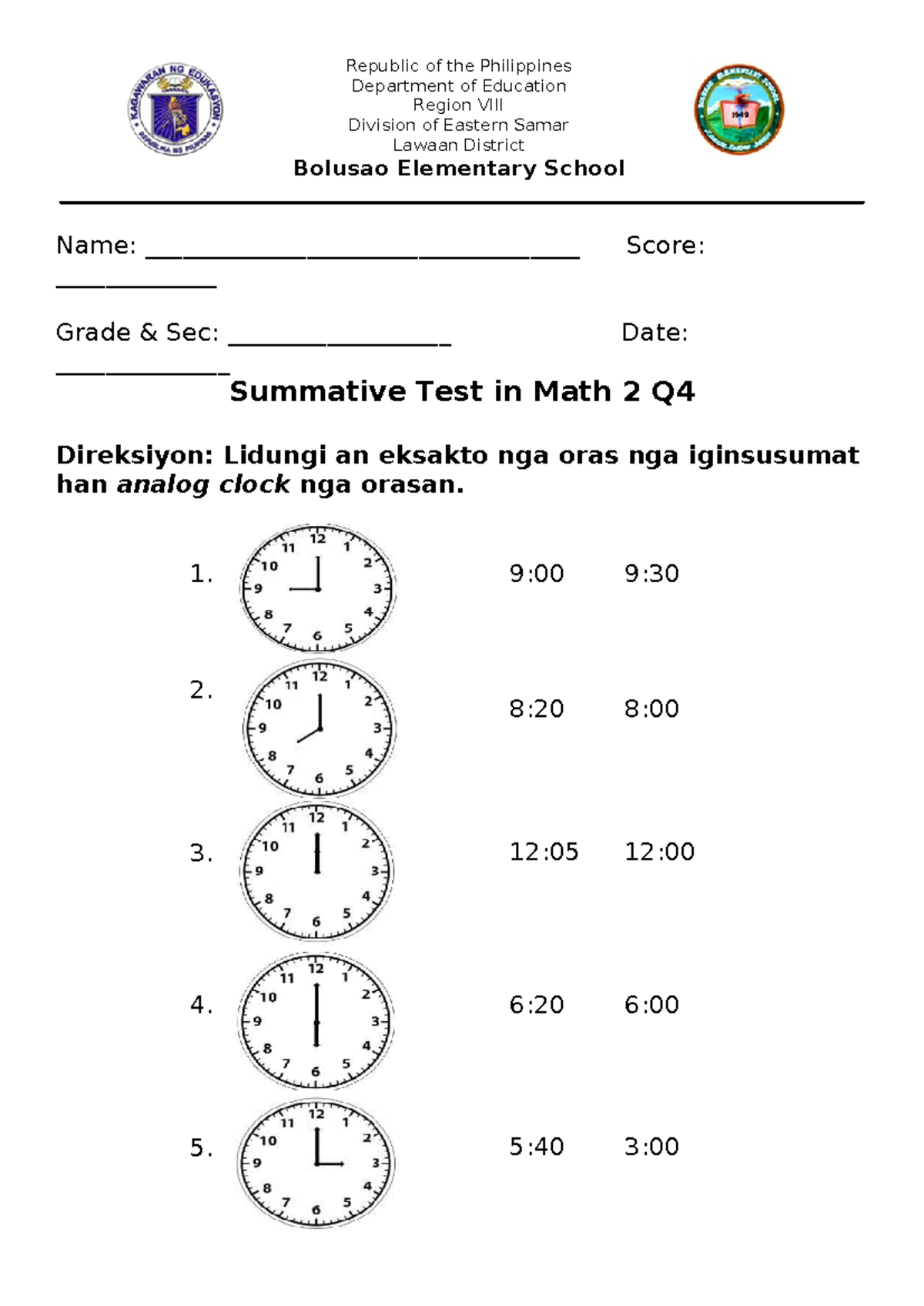 Summative TEST - MATH - exam for learners - Republic of the Philippines ...