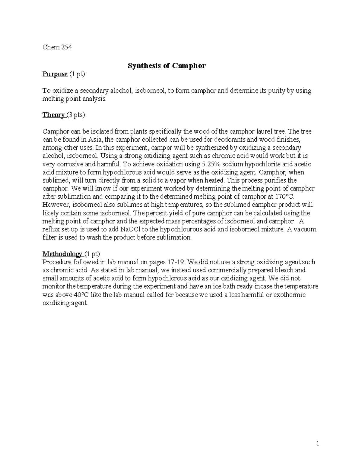 Synthesis of Camphor report - Chem 254 Synthesis of Camphor Purpose (1 ...