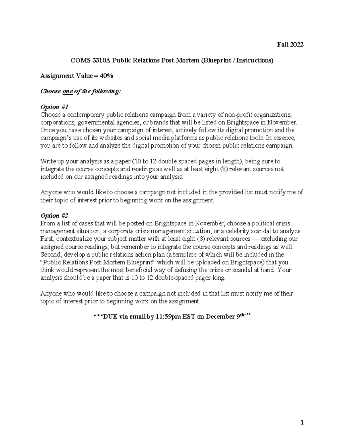 COMS 3310 A Public Relations Post-Mortem Blueprint (Instructions) - 1 Fall 2022 COMS 3310A ...