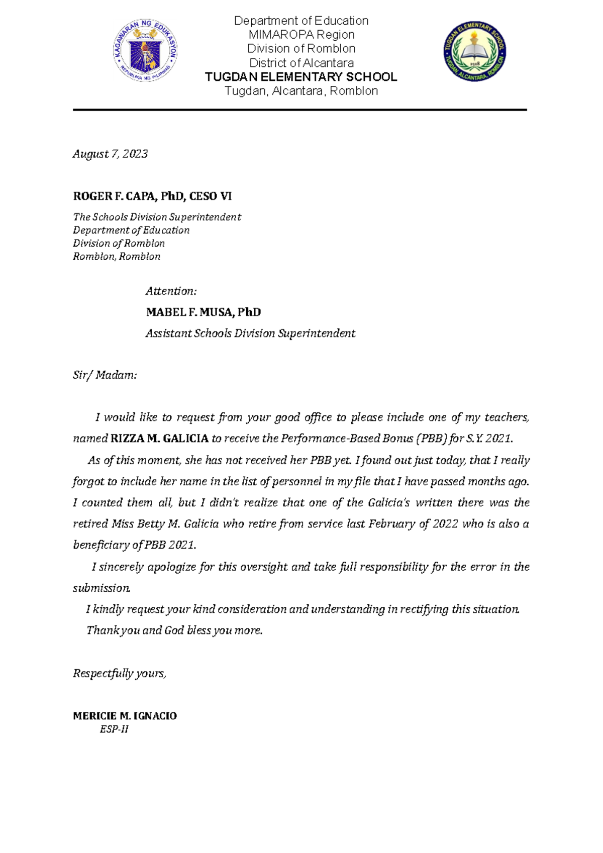 Request Letter PBB 2021 - Department of Education MIMAROPA Region ...