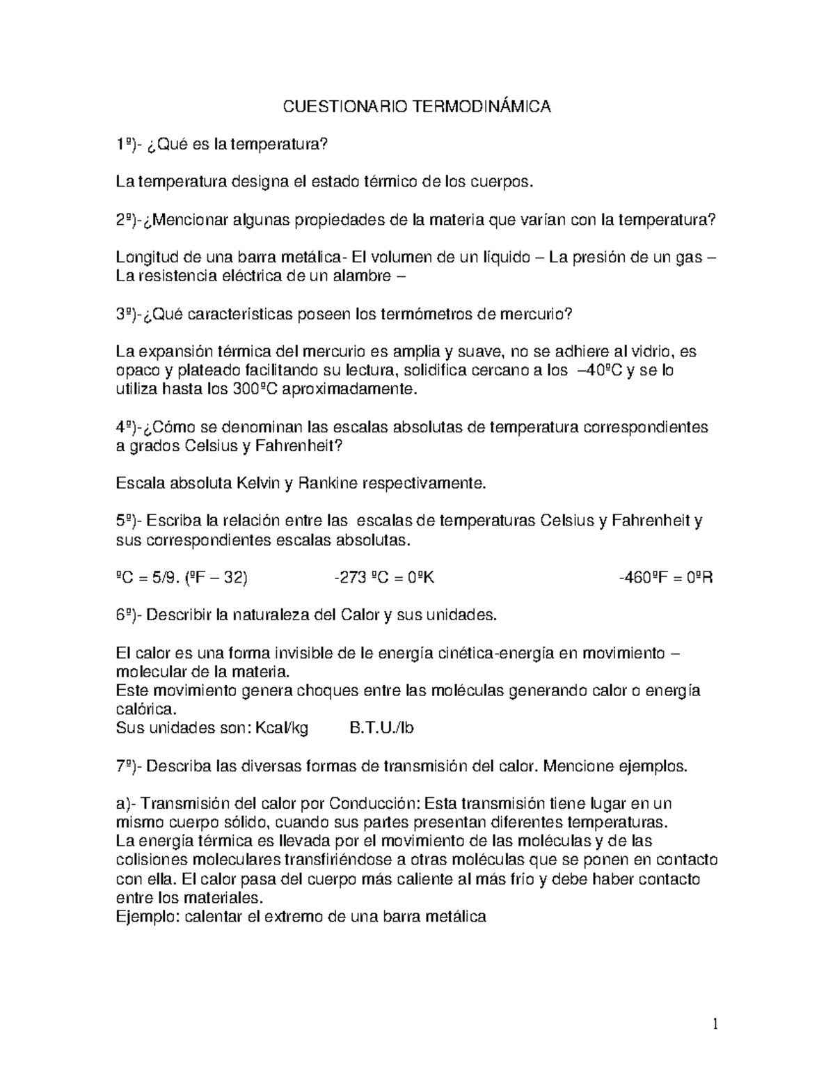 Cuestionario Termo CON Respuestas 2010 - CUESTIONARIO TERMODINÁMICA 1º ...