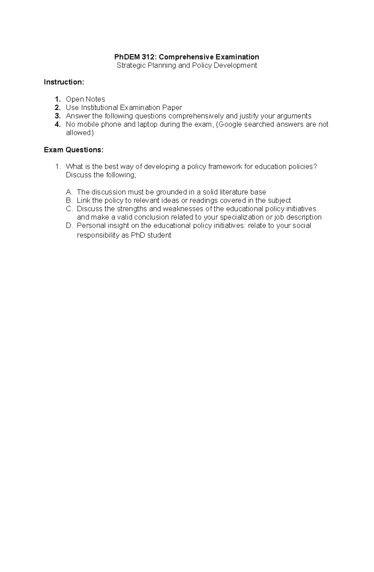 Ph EEM 312 Strat Plan - Examination - PhDEM 312: Comprehensive ...