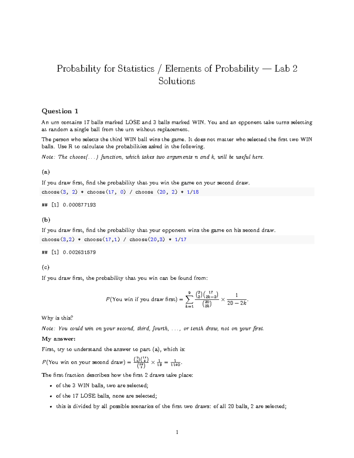 Lab 2 Solutions 1 - lab - Probability for Statistics / Elements of Probability — Lab 2 Solutions ...