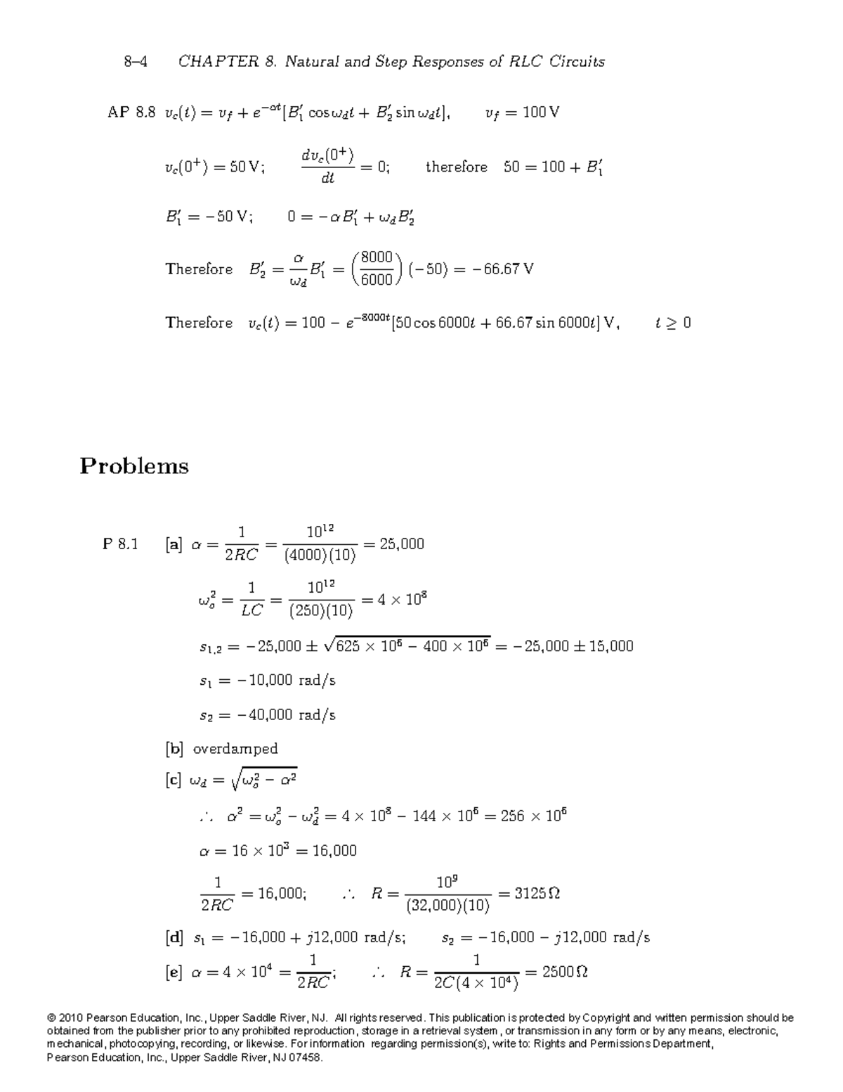 Second Order Response - Solution - 8–4 CHAPTER 8. Natural and Step Responses of RLC Circuits AP ...