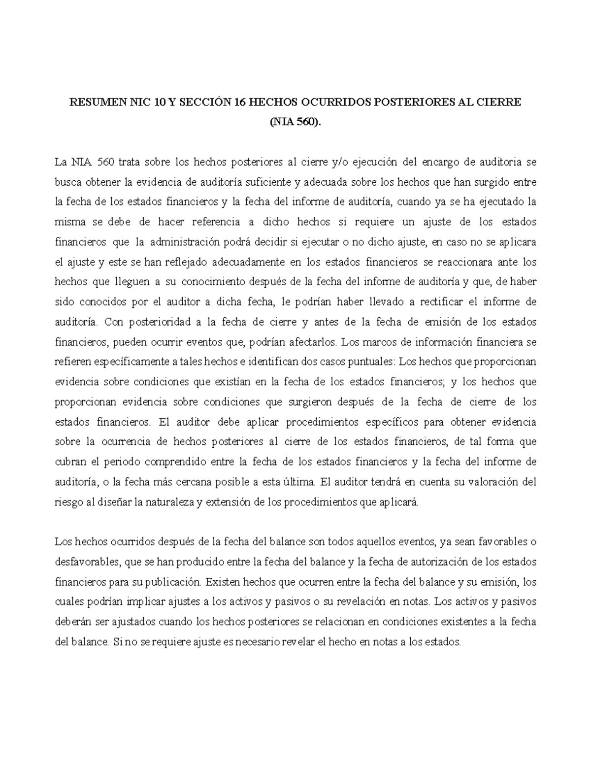 Resumen NIC 10 Y Sección 16 Hechos Ocurridos Posteriores AL Cierre (NIA ...