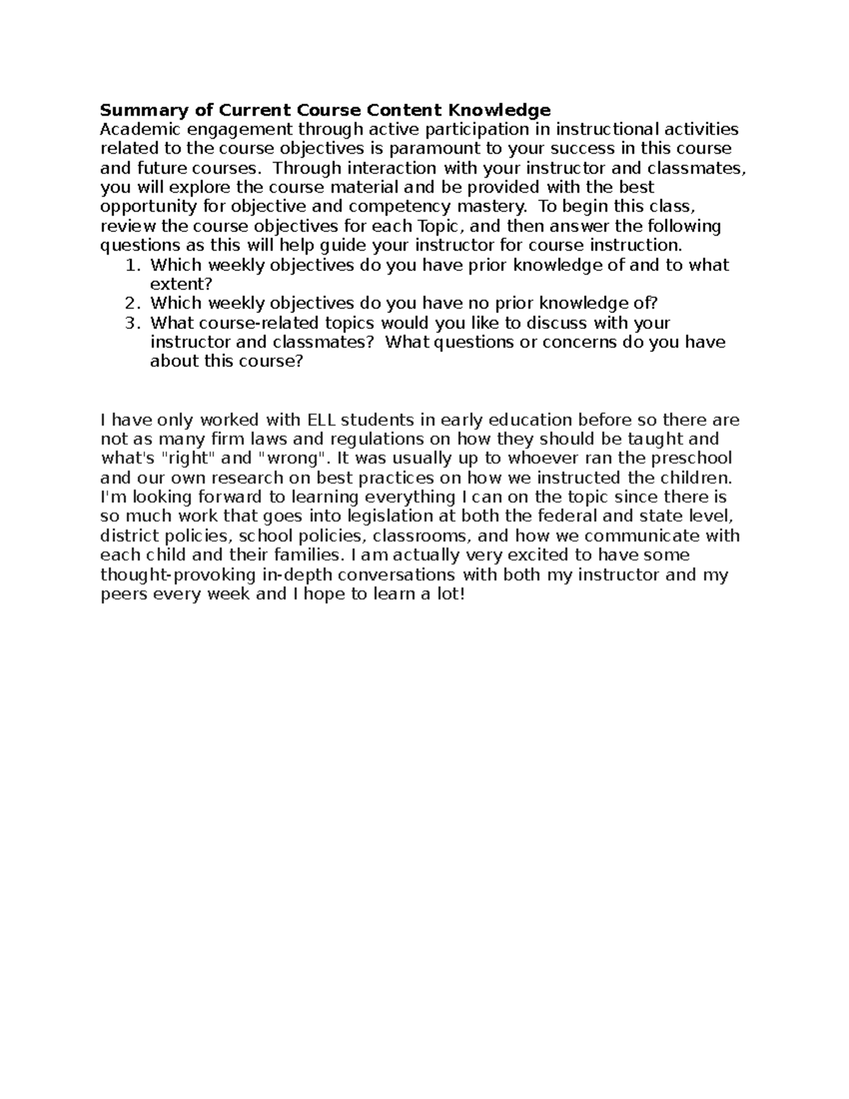 Summary of Current Course Content Knowledge - Through interaction with ...