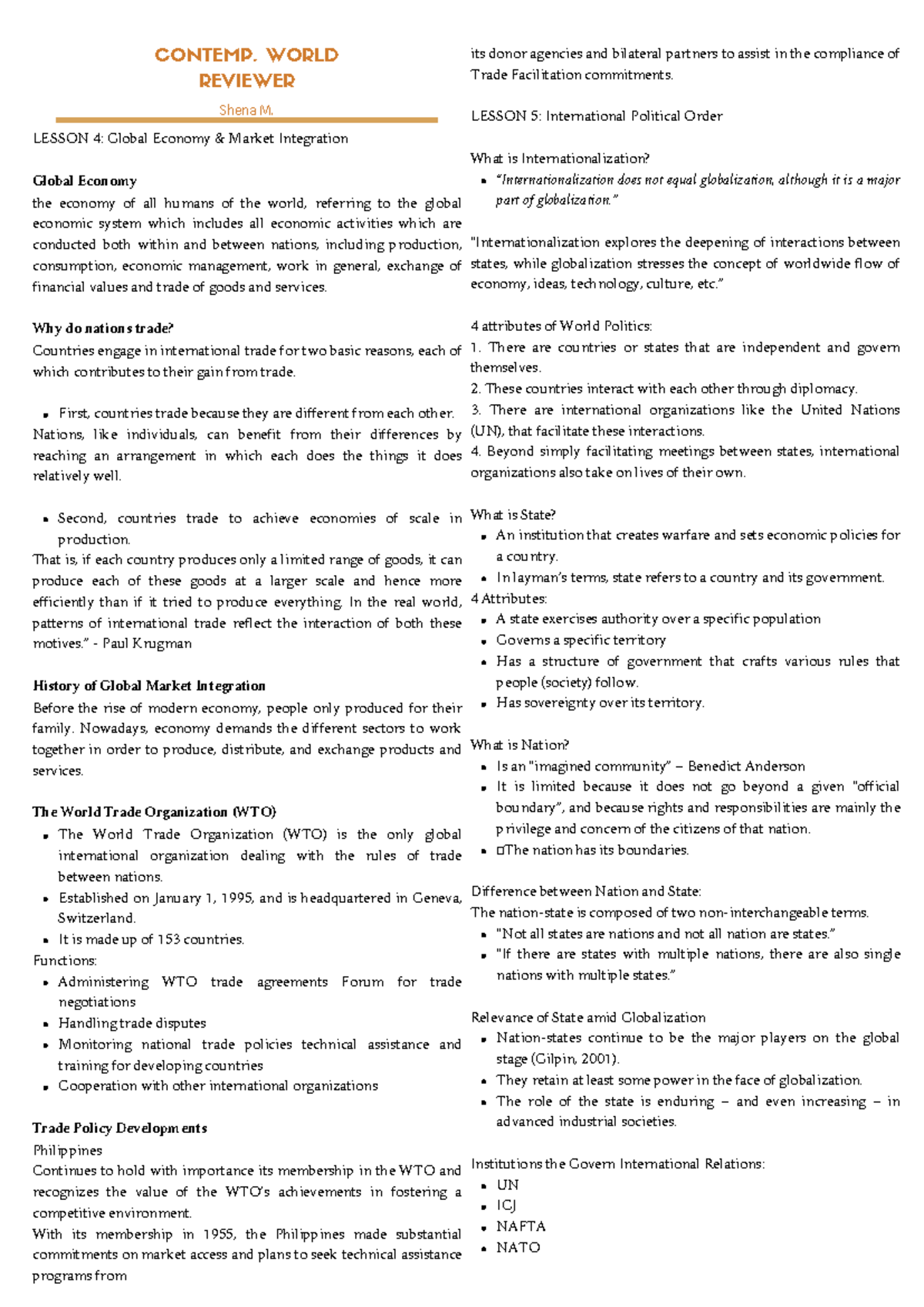 Contemp. World Reviewer - CONTEMP. WORLD REVIEWER Shena M. LESSON 4 ...