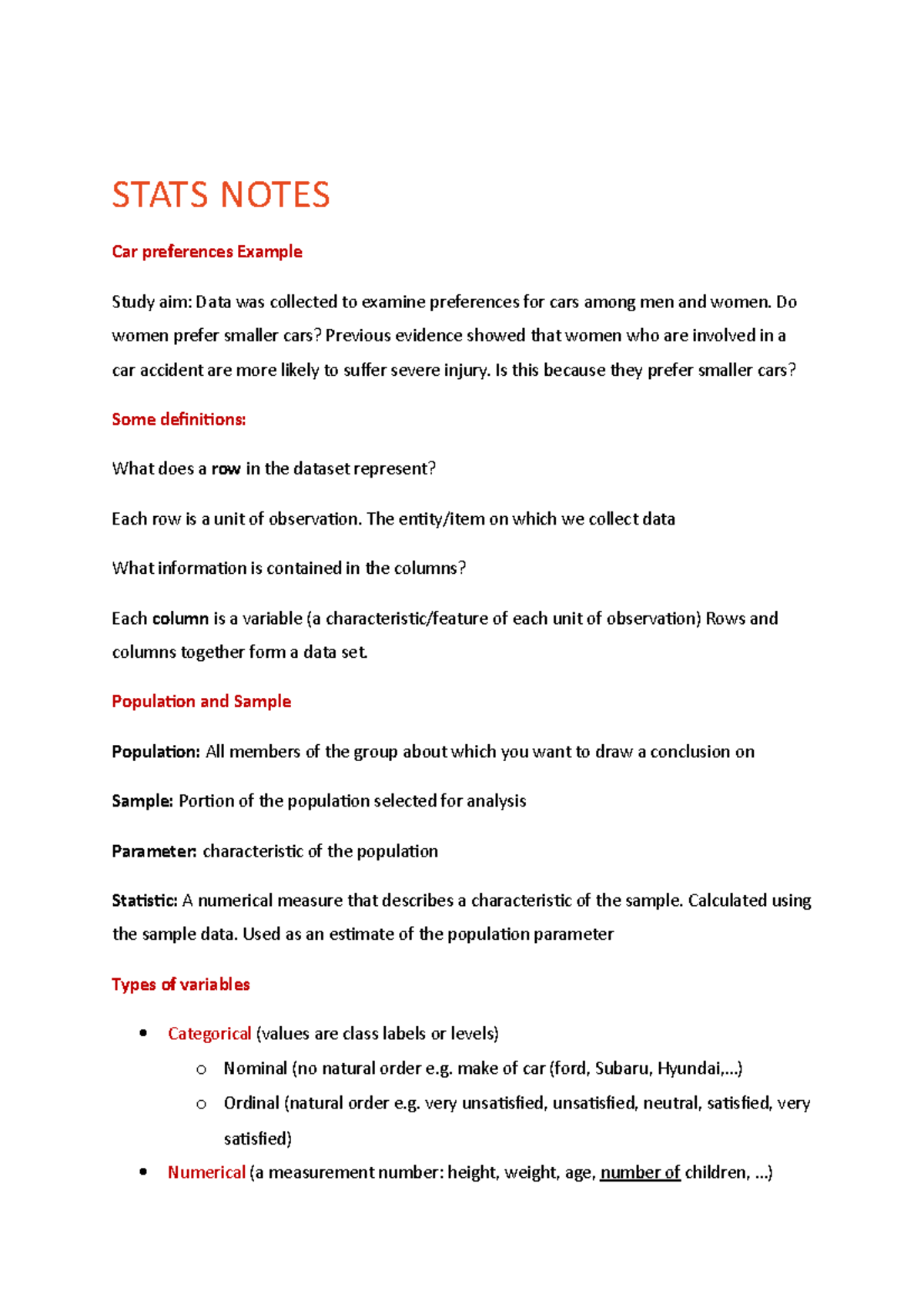 Stats Notes week 1 intro - STATS NOTES Car preferences Example Study ...