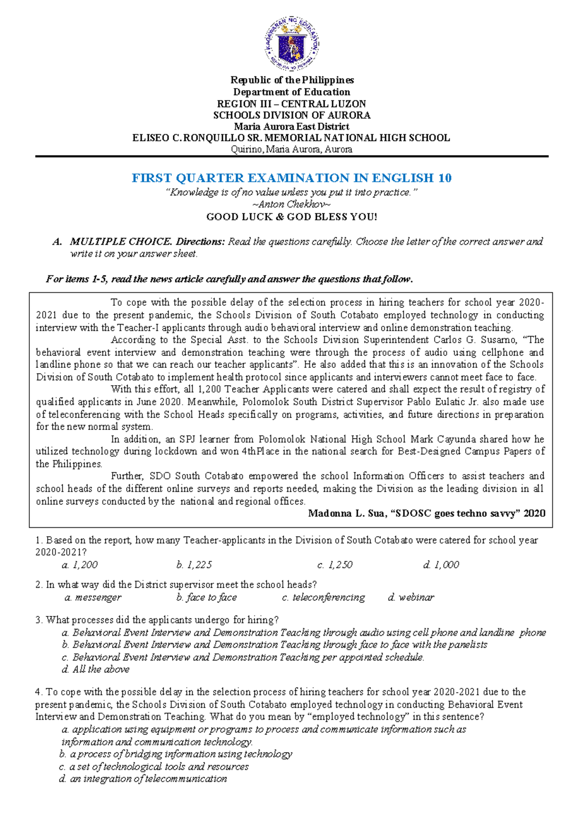 Exam-English 10-Q1 - This is a sample examination for English Q1 ...