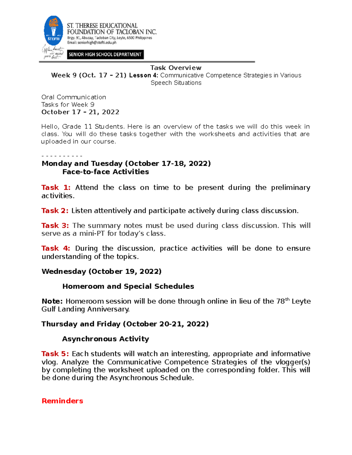 Week 9 - Task Overview - Task Overview Week 9 (Oct. 17 – 21) Lesson 4 ...