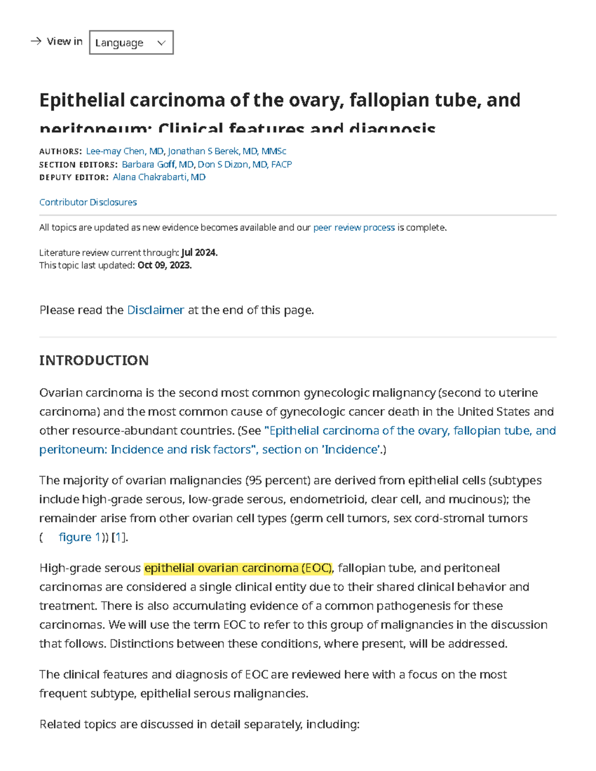 Epithelial carcinoma of the ovary, fallopian tube, and peritoneum ...