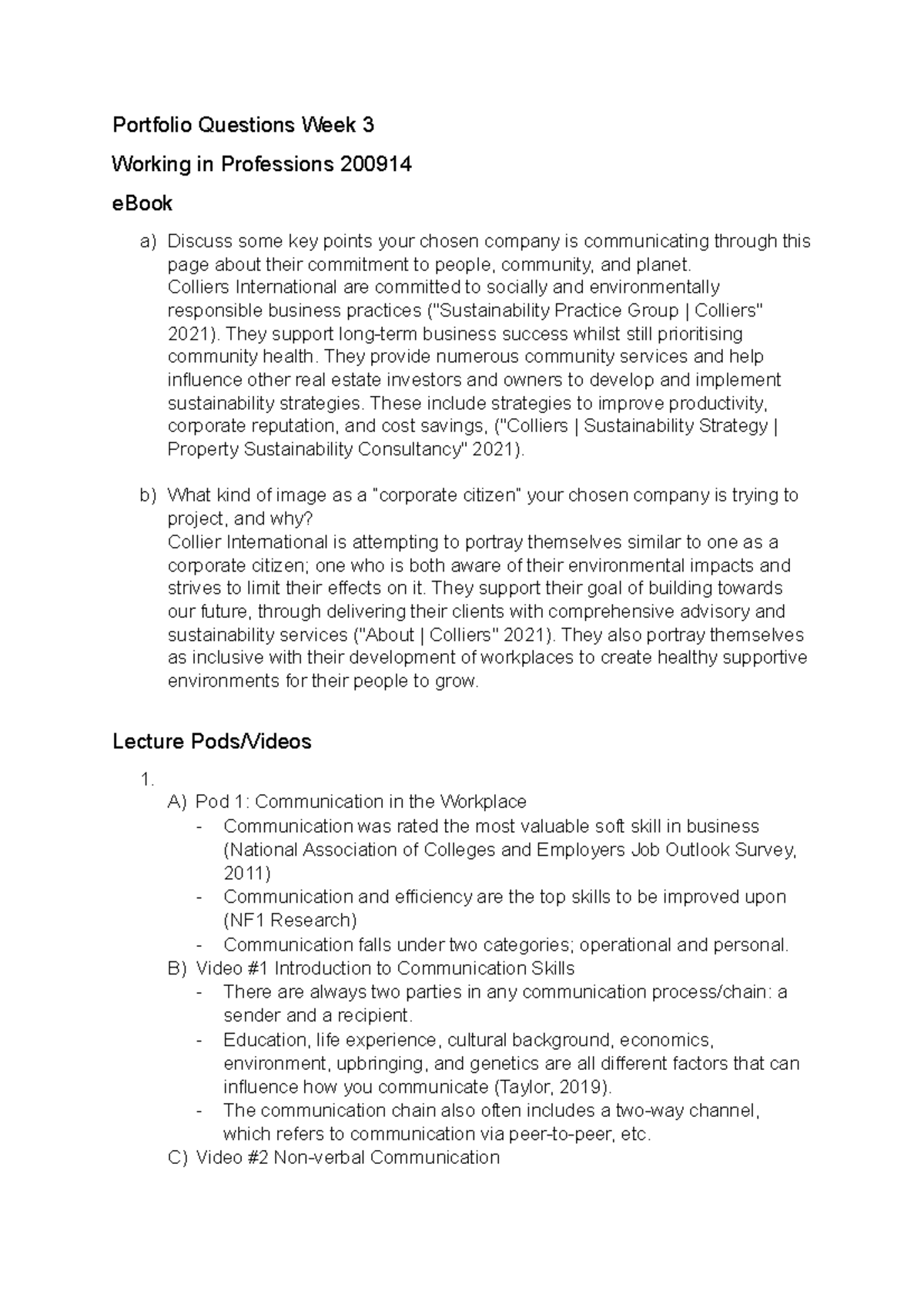 Portfolio Questions Week 3 - Colliers International are committed to ...