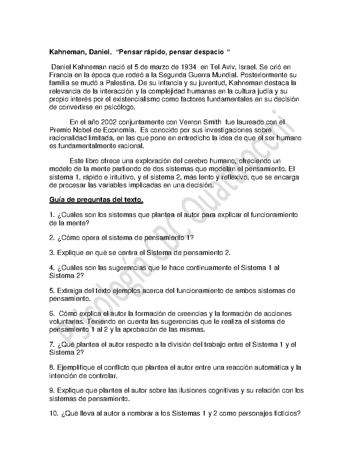 Kahneman D - Guía de lectura - Kahneman, Daniel. “Pensar rápido, pensar ...