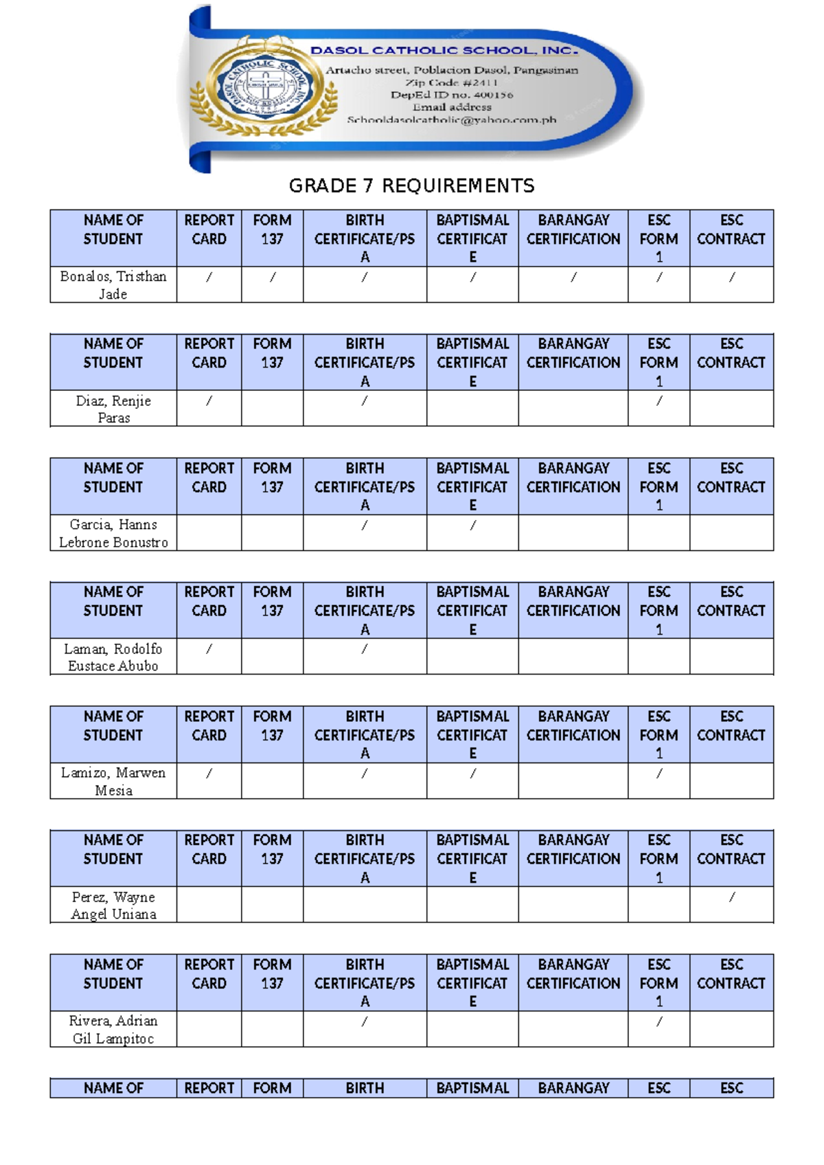 Grade 7 Requirements - esssay - GRADE 7 REQUIREMENTS NAME OF STUDENT ...