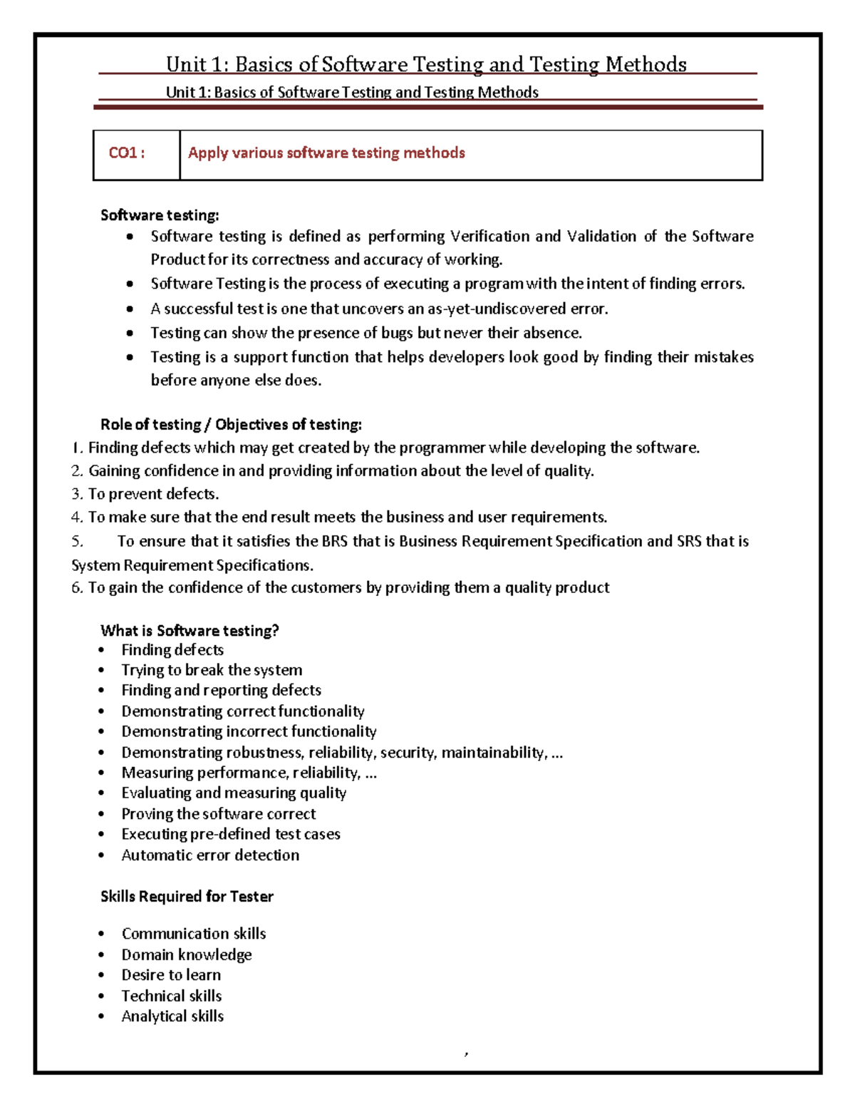 Unit 1 Ste Software Testing Unit 1 Basics Of Software Testing And Testing Methods Co1