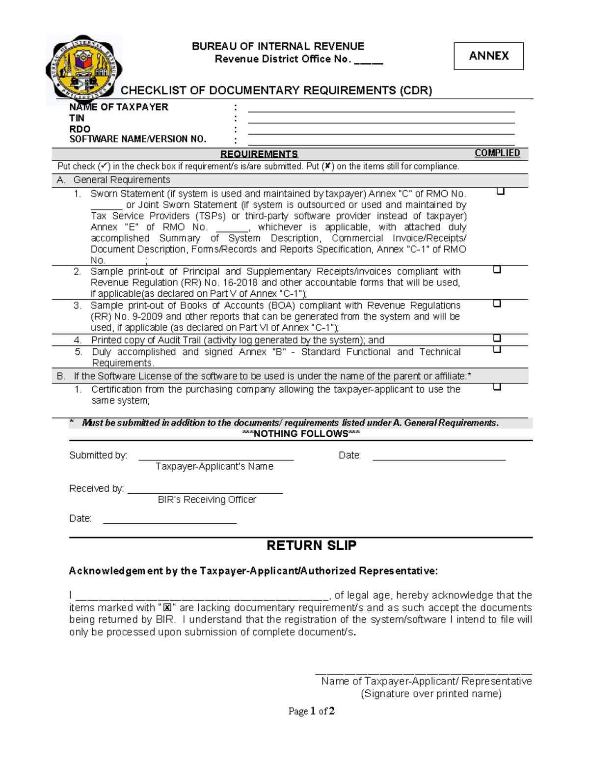 Annex A Checklist of Documentary Requirements 2 - BUREAU OF INTERNAL ...