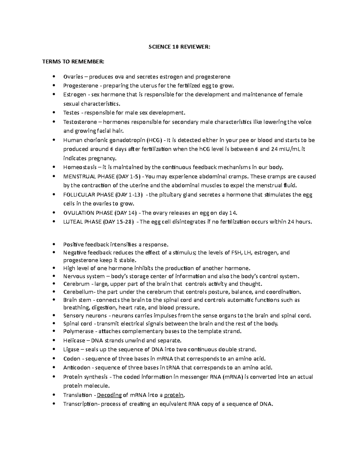 Science-10- Reviewer - SCIENCE 10 REVIEWER: TERMS TO REMEMBER: Ovaries ...