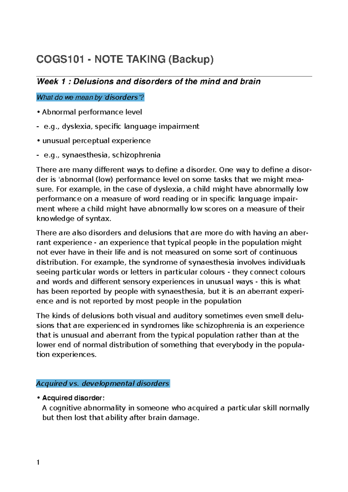 Cogs101 Wk 1 4 Lecture Notes 1 4 Cogs101 Note Taking Backup Week 1 Delusions And