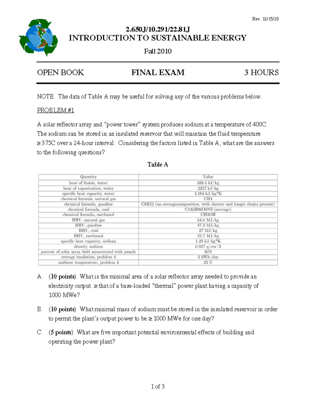 Assignment - Rev. 12/15/ 2.650J/10.291/22 INTRODUCTION TO SUSTAINABLE ...