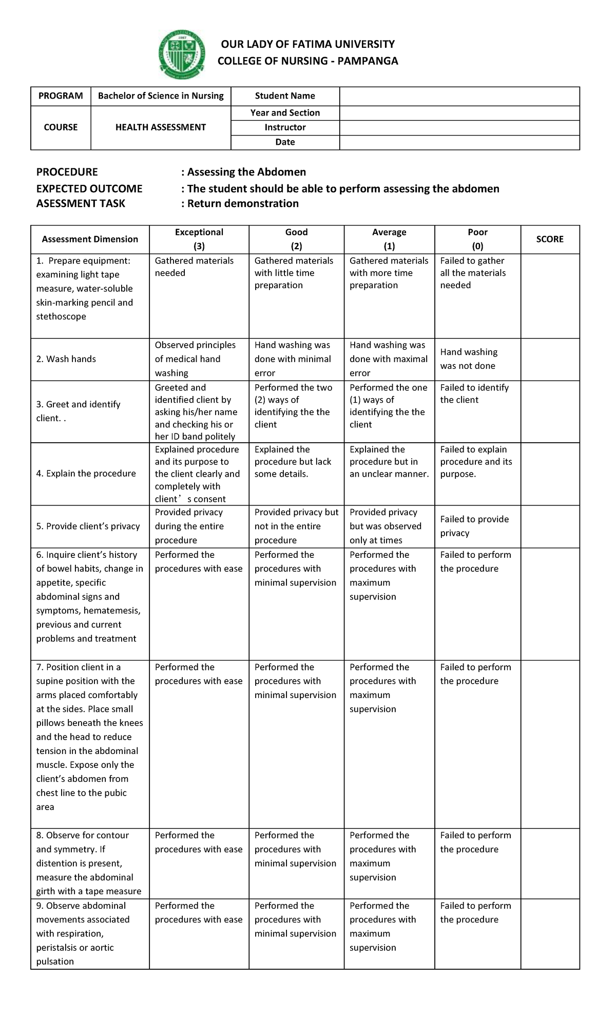 HA NCMA121 Midterm Finals Rubrics - OUR LADY OF FATIMA UNIVERSITY COLLEGE OF NURSING - PAMPANGA ...