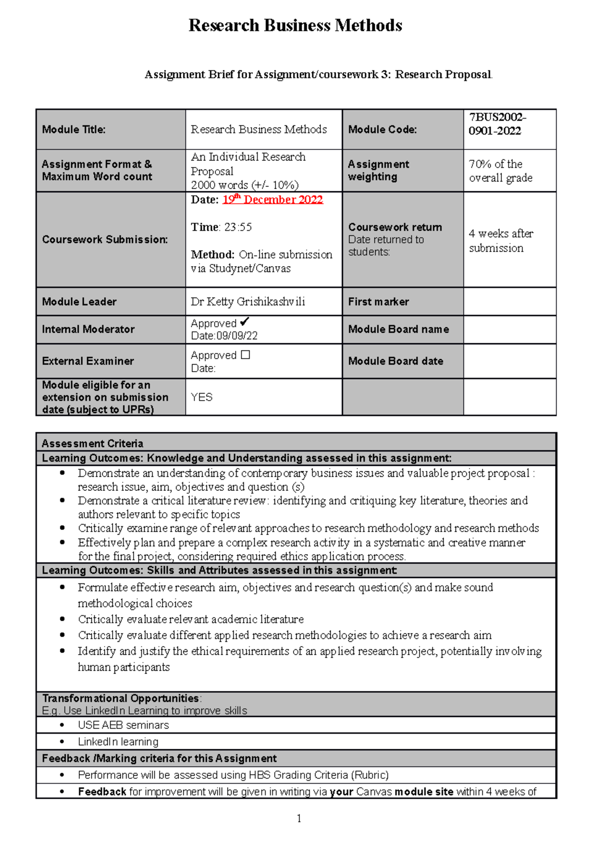 BRM Assessment 3 Brief KG-4 - Assignment Brief for Assignment/coursework 3: Research Proposal ...