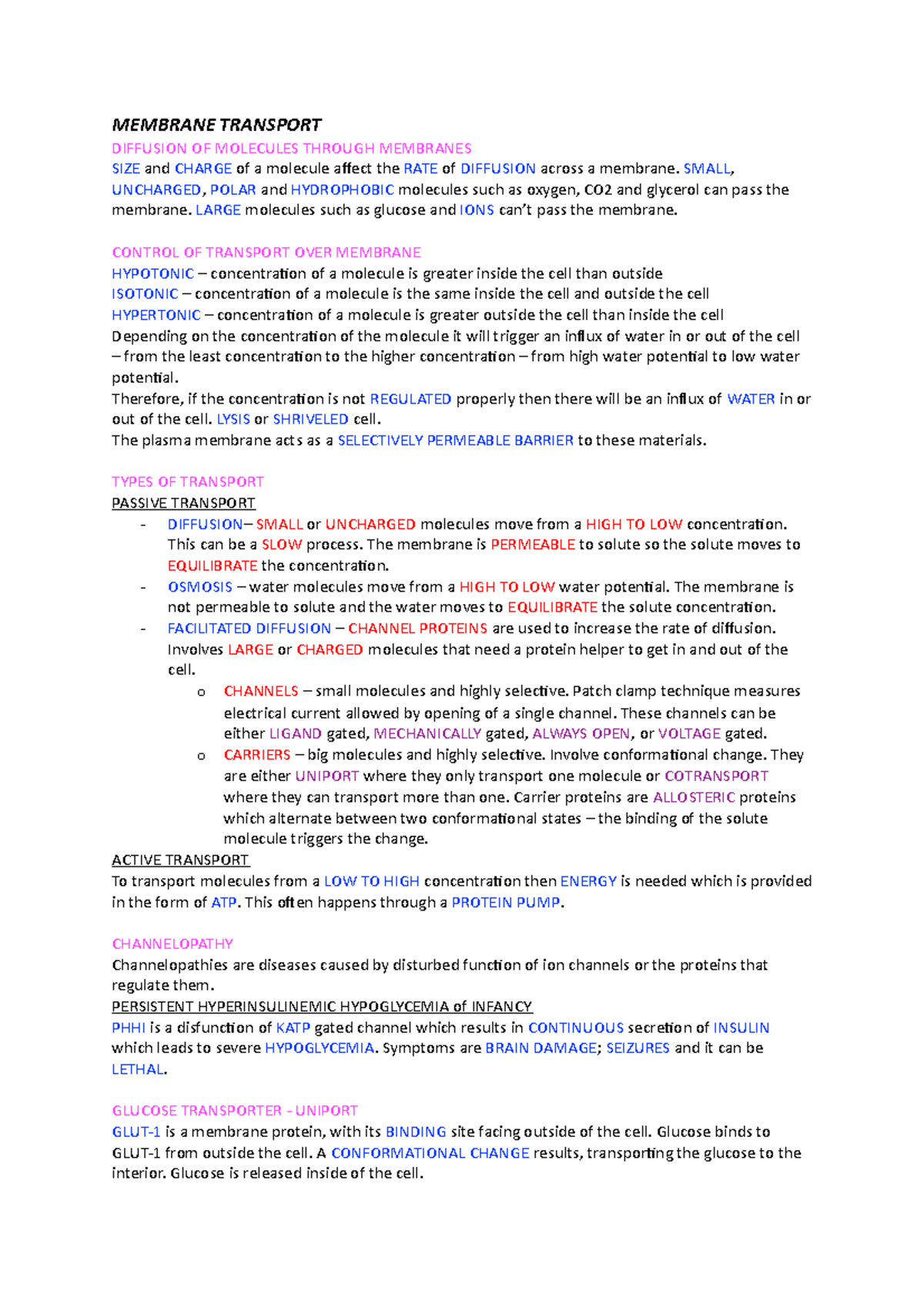 Membrane Transport - BIOS407 - LBU - Studocu