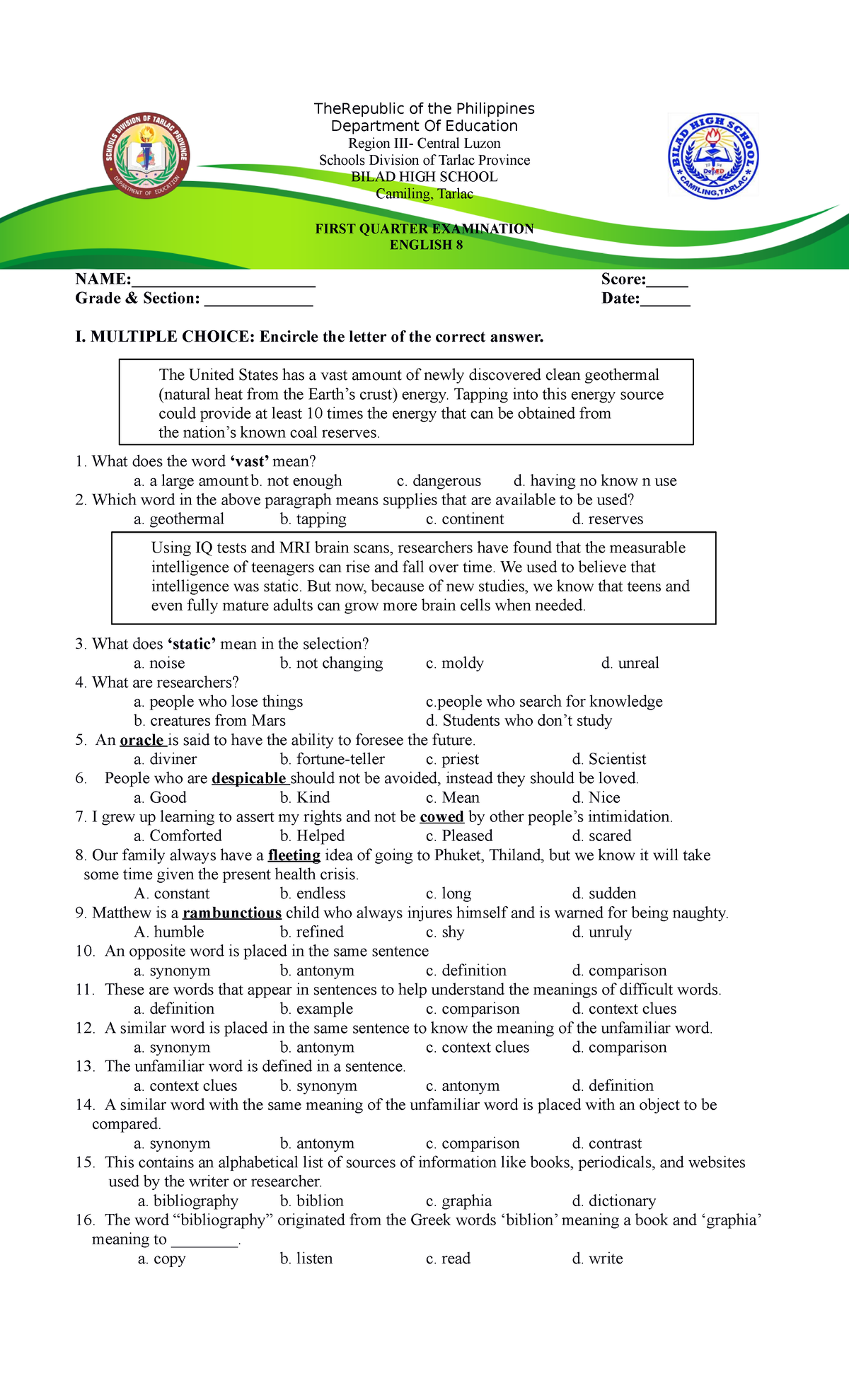 EXAM 1st Quarter Exam For Grade 8 English TheRepublic Of The 