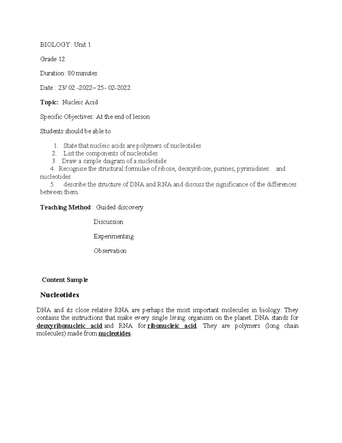 Grade 12 nucleic acid - science - BIOLOGY: Unit 1 Grade 12 Duration: 80 ...