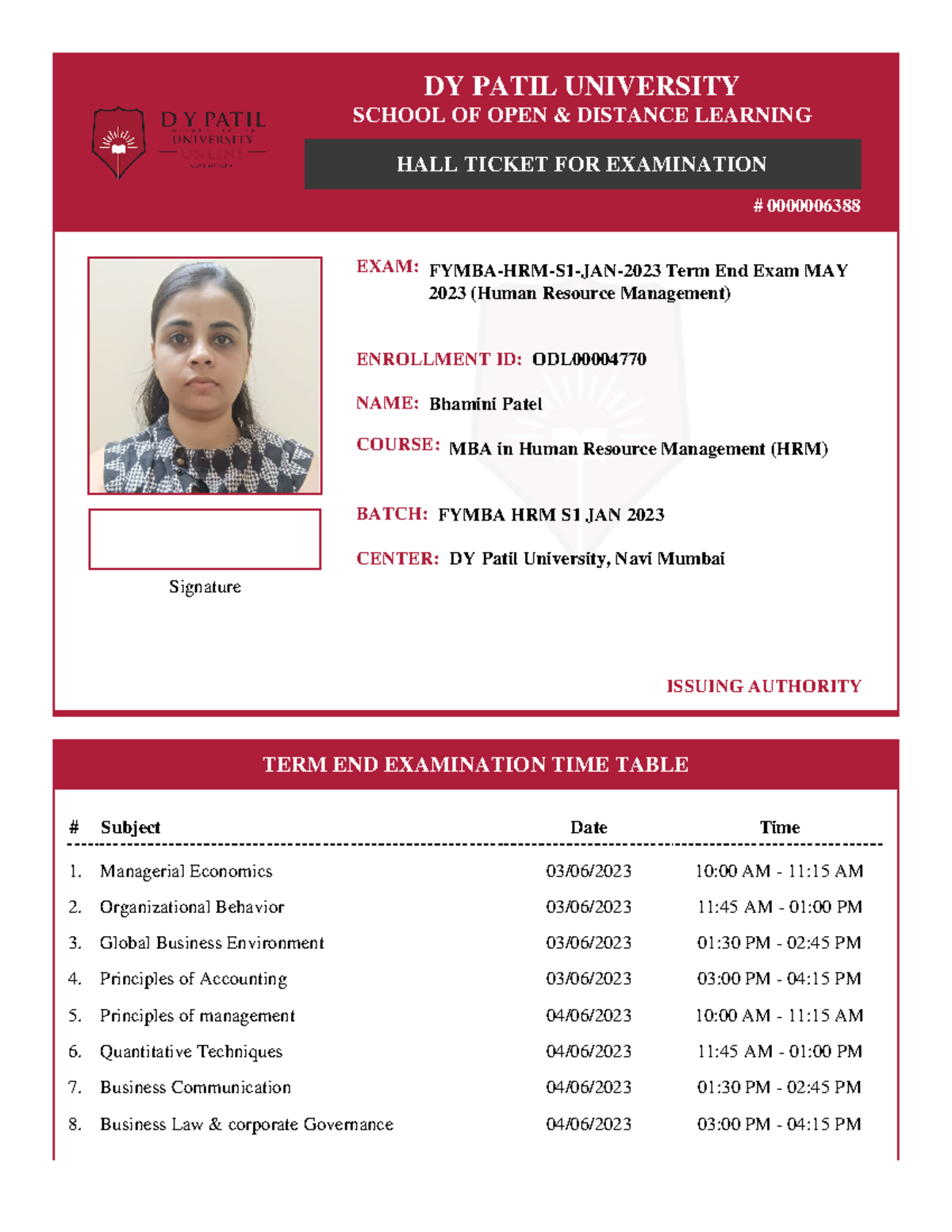 Document - DY PATIL UNIVERSITY SCHOOL OF OPEN & DISTANCE LEARNING HALL TICKET FOR EXAMINATION ...