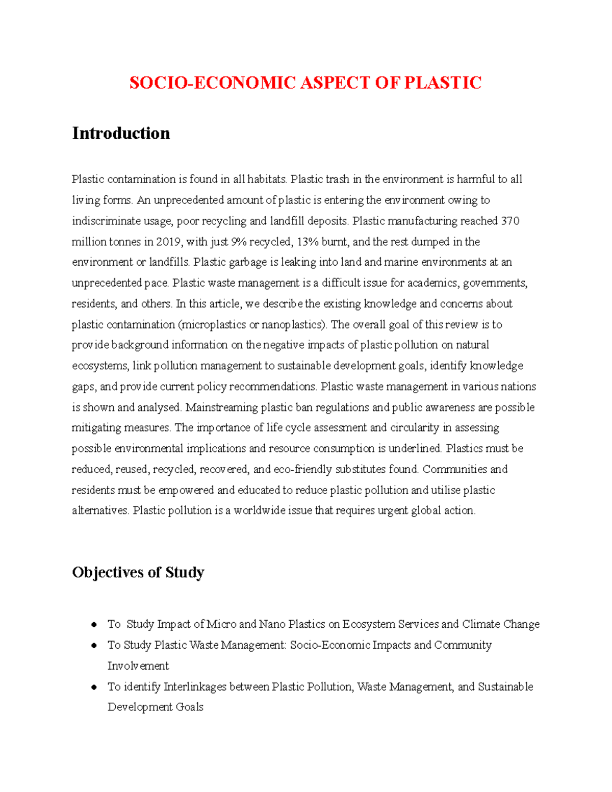 Socio- Economic Aspect OF Plastic - SOCIO-ECONOMIC ASPECT OF PLASTIC ...