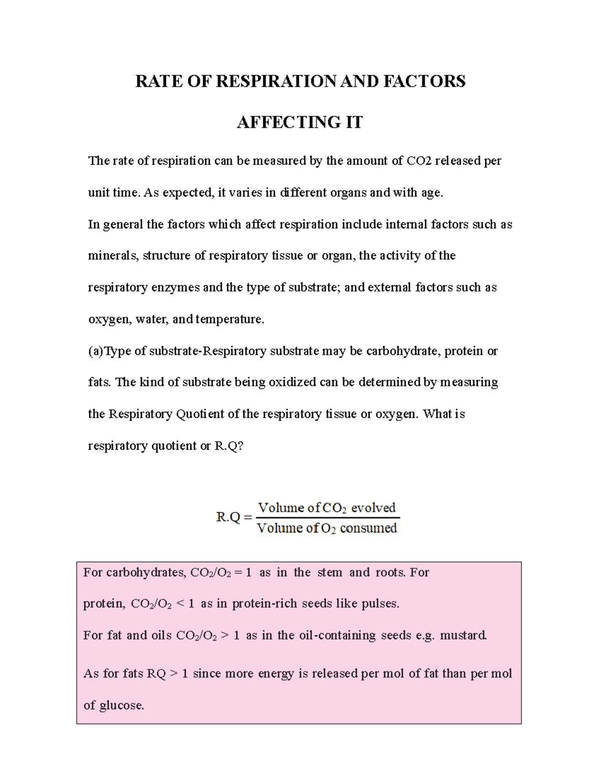 RATE OF RESPIRATION AND FACTORS AFFECTING IT - RATE OF RESPIRATION AND ...