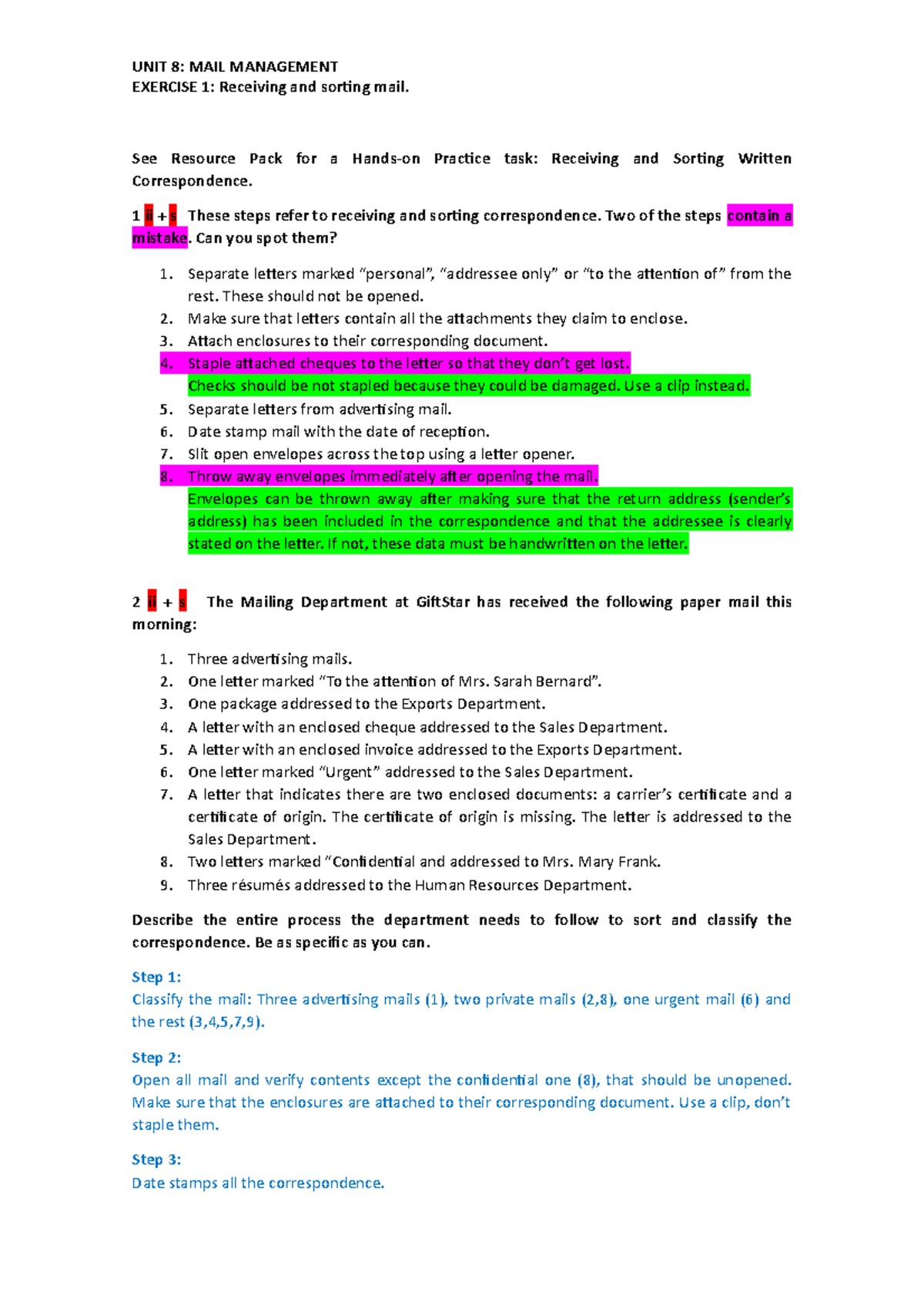 Exercise 1 Receiving AND Sorting MAIL - UNIT 8: MAIL MANAGEMENT ...