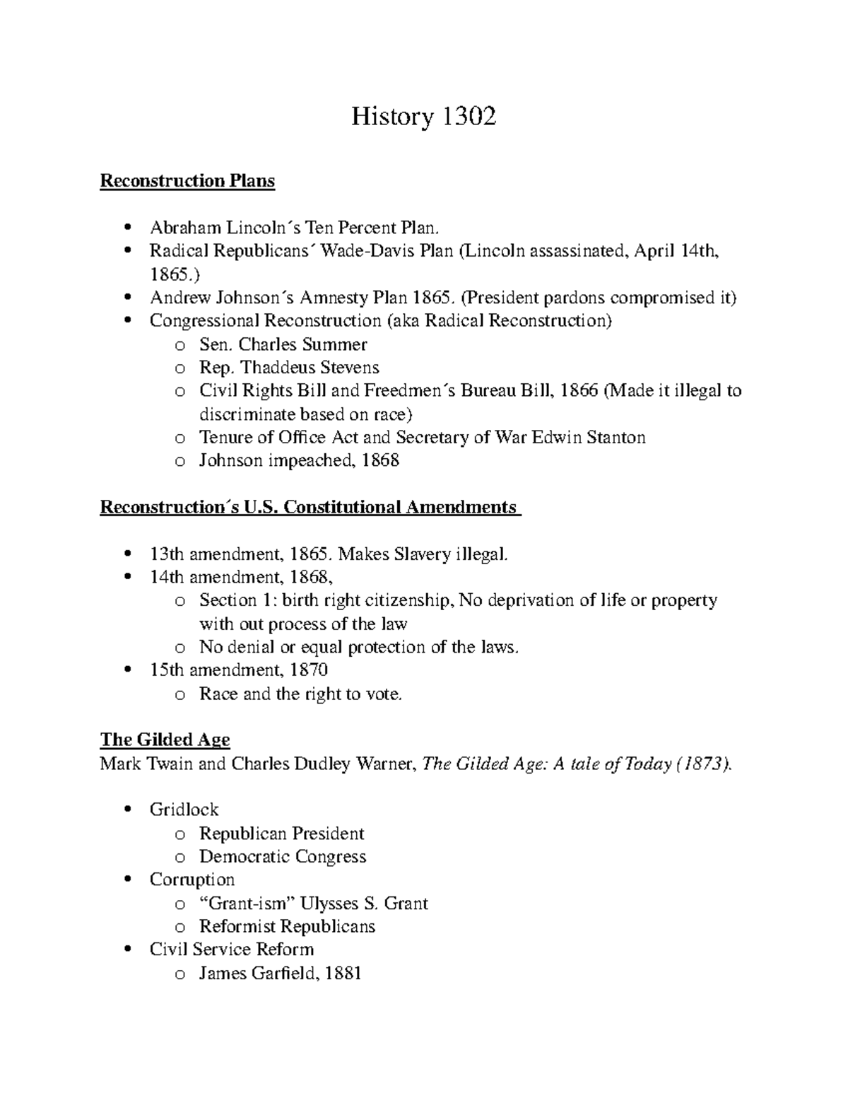 History Notes - History 1302 Reconstruction Plans Abraham Lincoln´s Ten ...