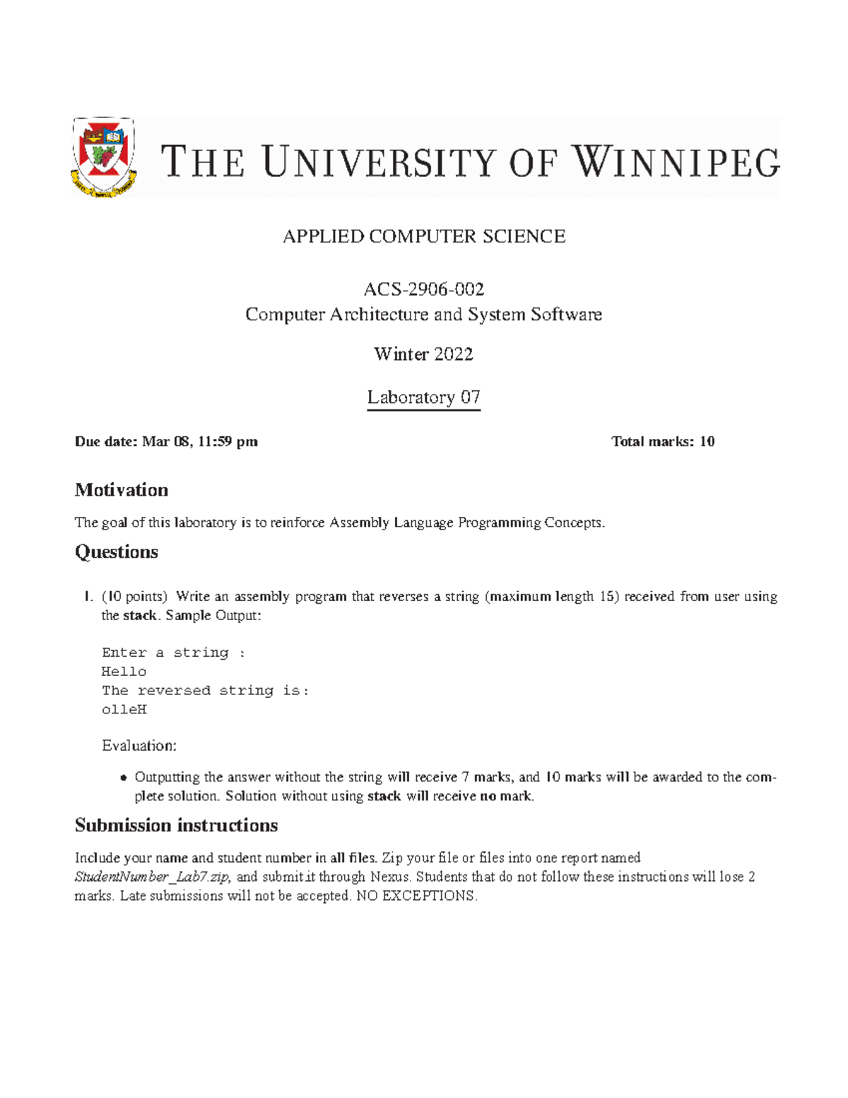 Lab07_T - Professor Al Mtawa, Y - APPLIED COMPUTER SCIENCE ACS-2906-00 2 Computer Architecture ...