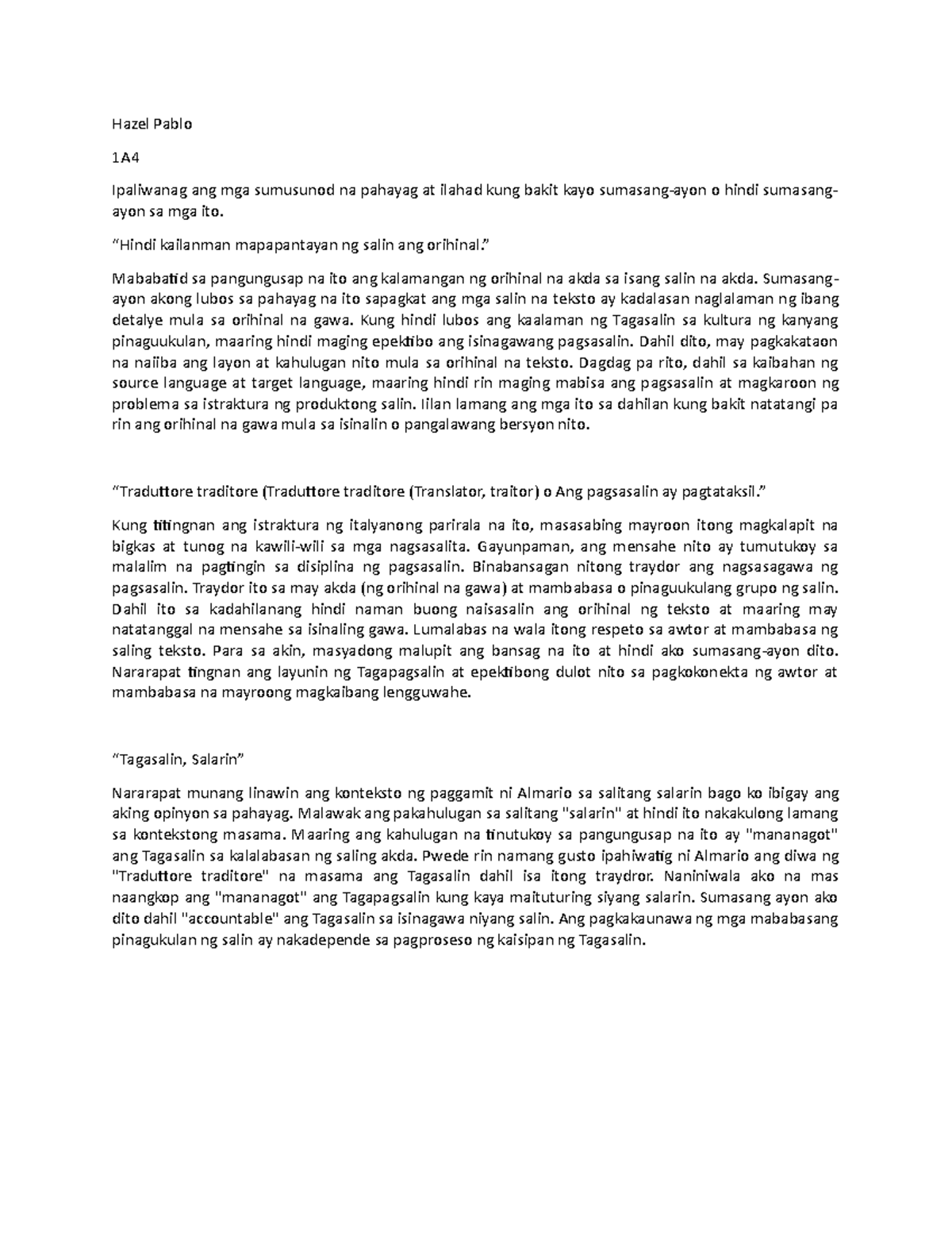 FIL2 Pagsasalin Discussion Board 1 - Hazel Pablo 1A Ipaliwanag ang mga ...