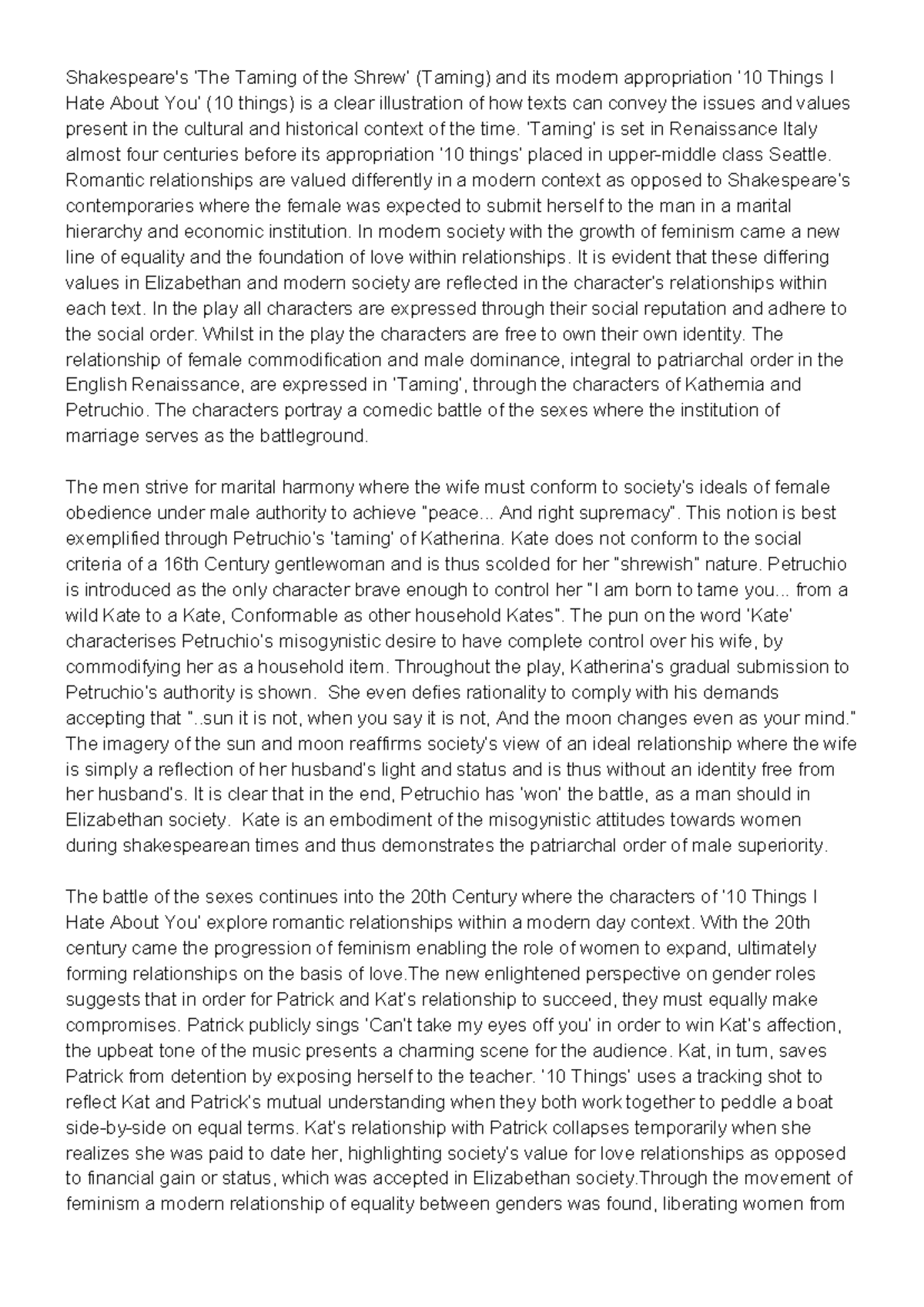 Shakespeare's ‘The Taming of the Shrew’ comparative essay - Shakespeare ...