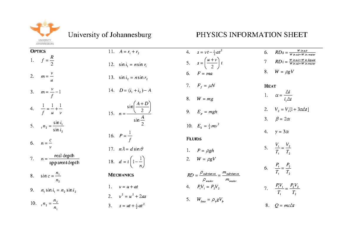 Formula Sheet - University of Johannesburg PHYSICS INFORMATION SHEET ...