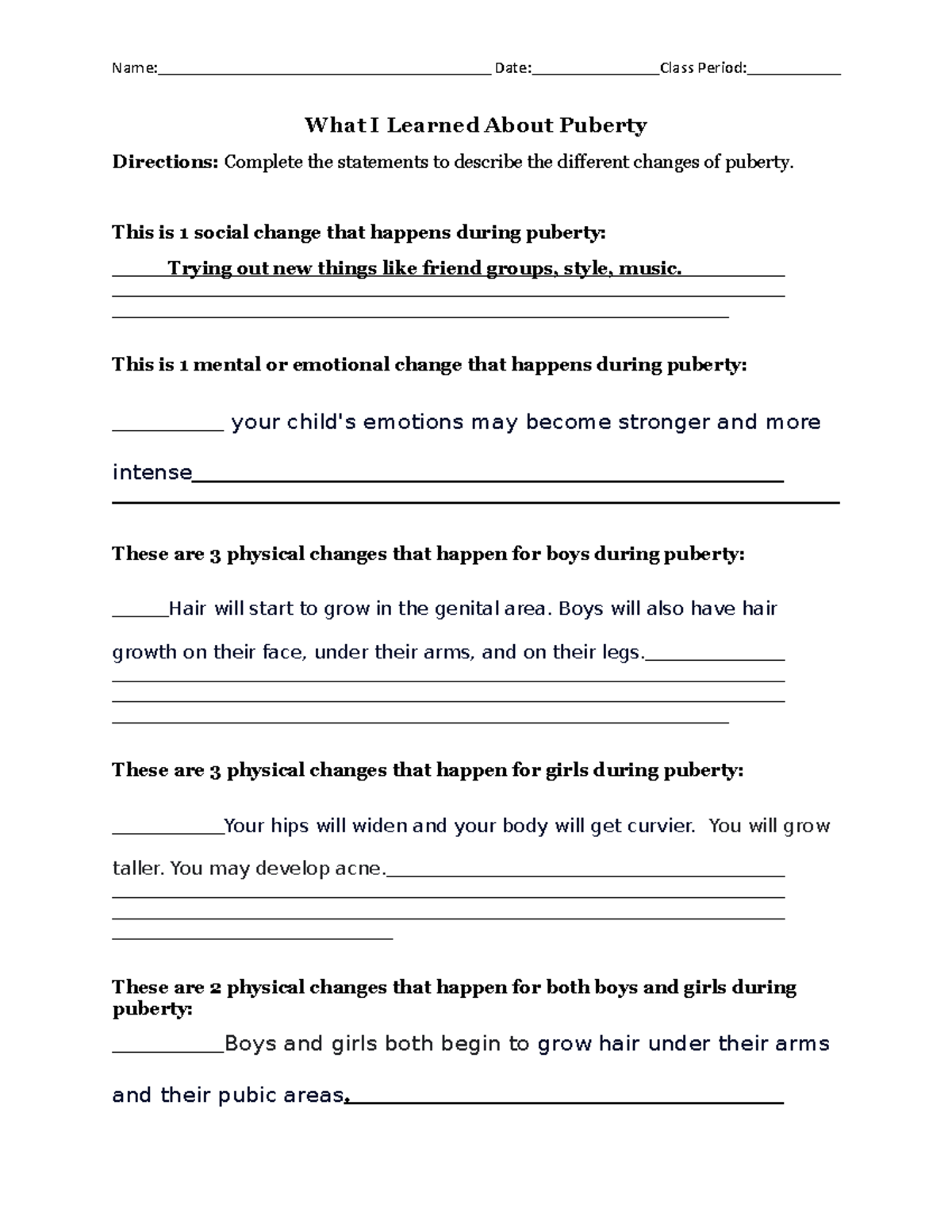 Puberty - Day 2 Worksheet - Name: Date: Class Period: What I Learned ...