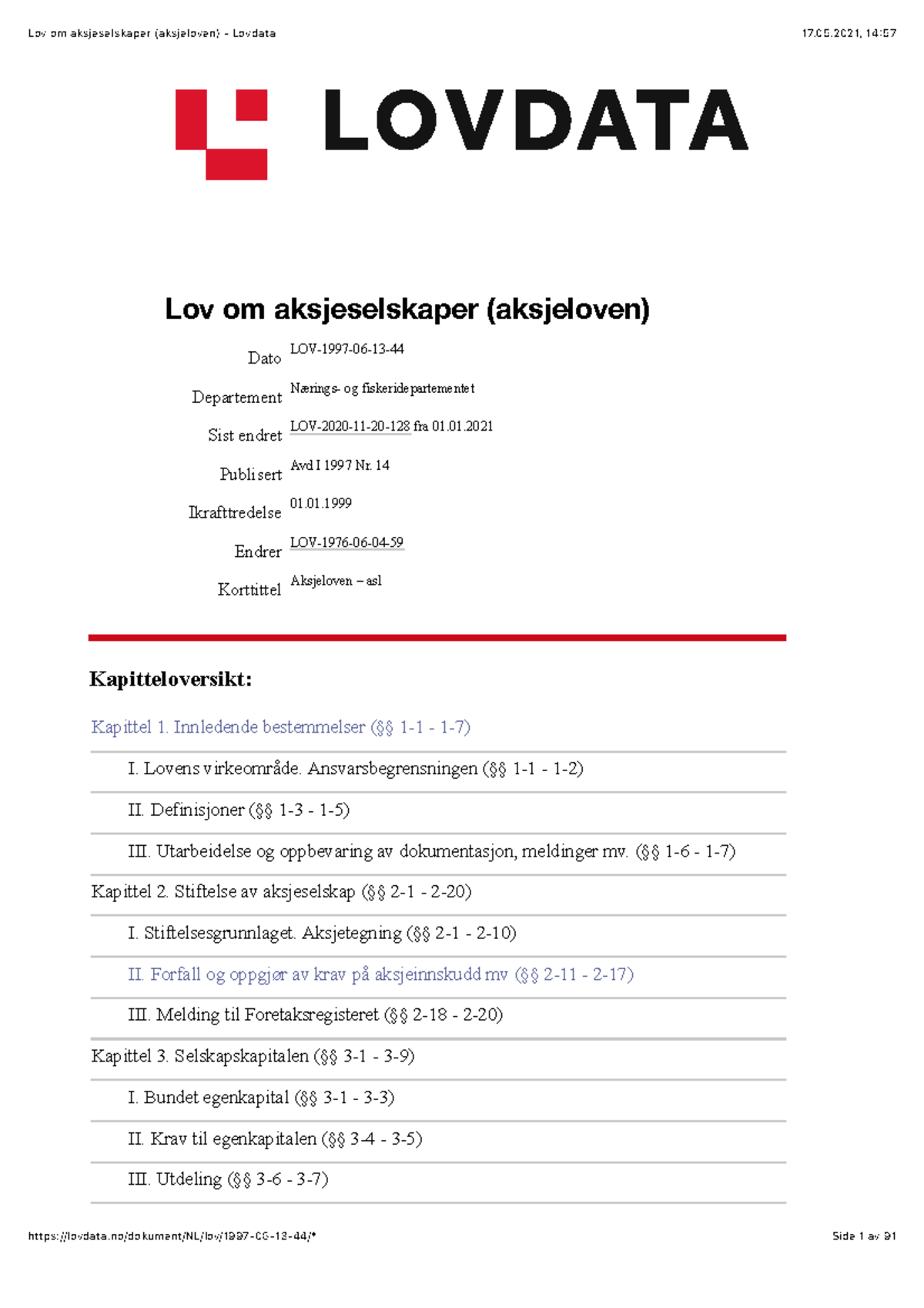 Aksjeloven) - Lovdata - Lov om aksjeselskaper (aksjeloven) DatoLOV-1997 ...