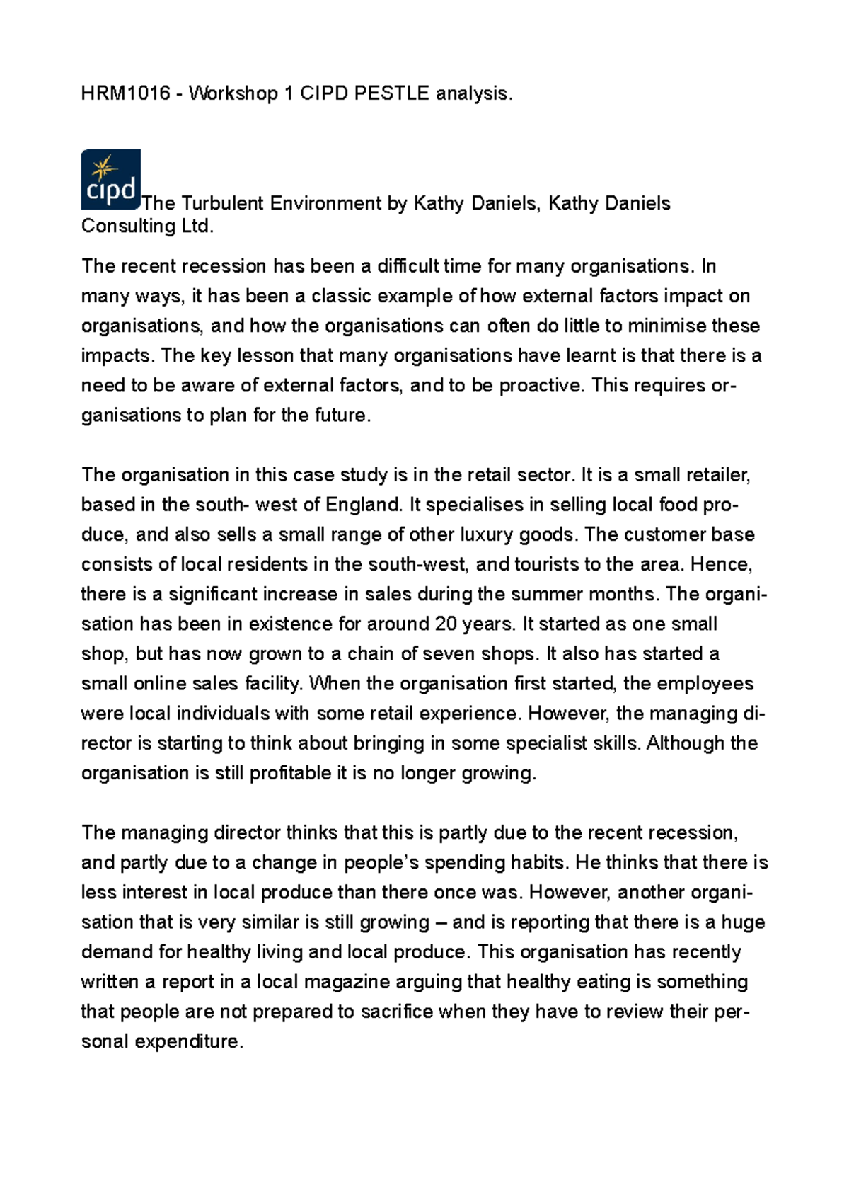 HRM1016 - Workshop 1 - CIPD Pestle analysis - HRM1016 - Workshop 1 CIPD ...