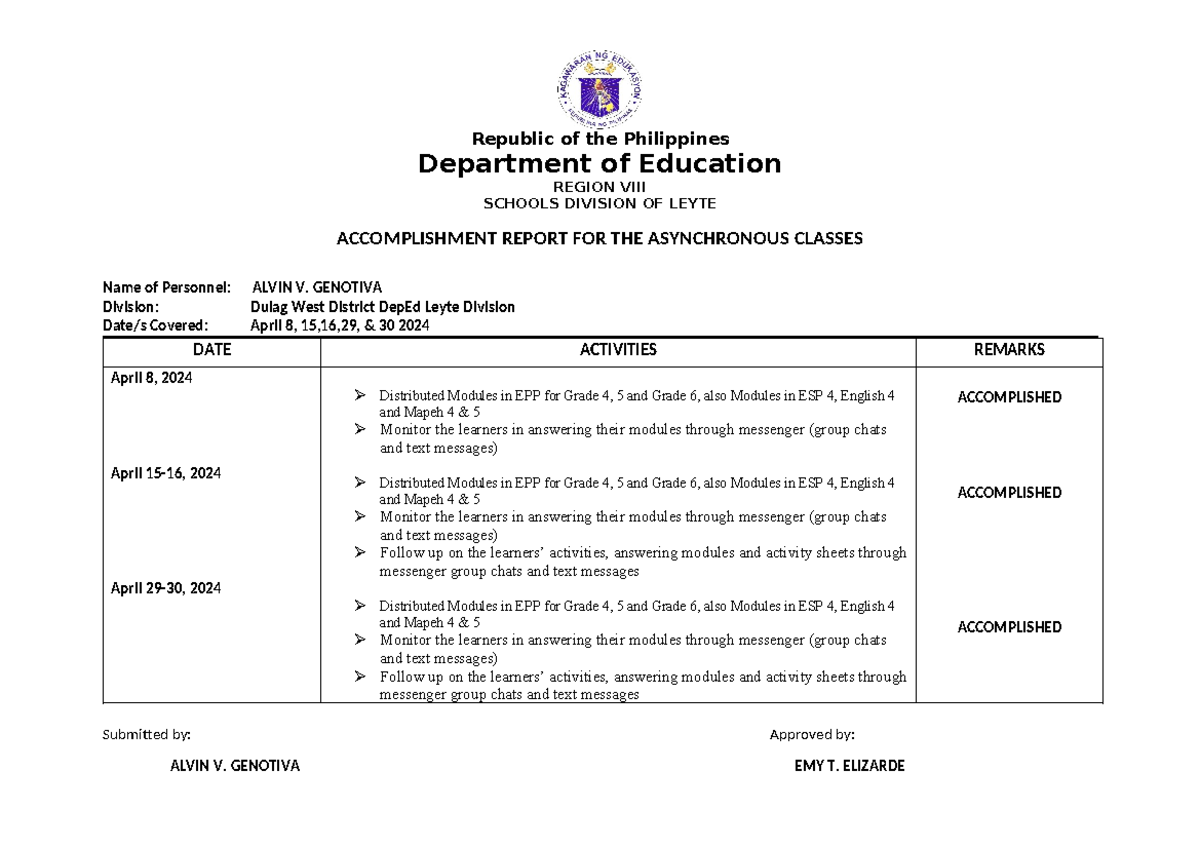 Asynchronous Classes accomplishment report - Republic of the ...