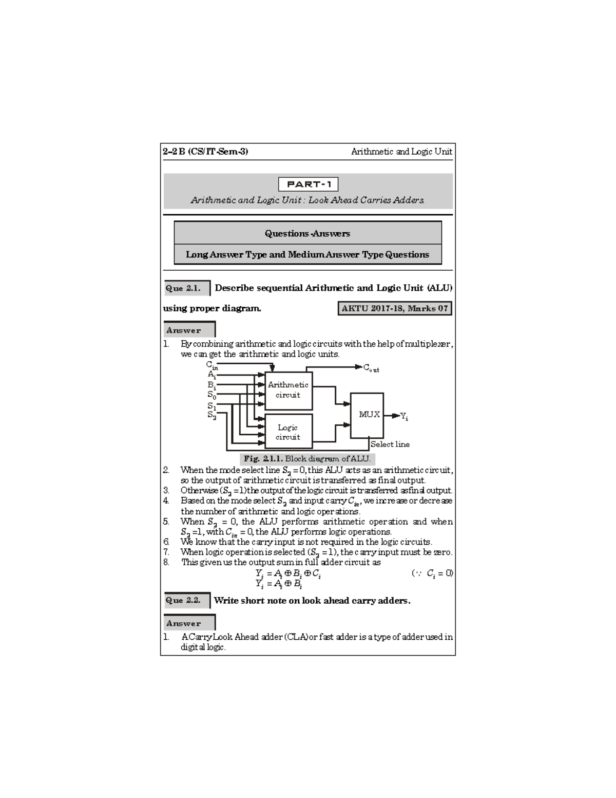 COA Study Materials-5 - 2–2 B (CS/IT-Sem-3) Arithmetic and Logic Unit ...
