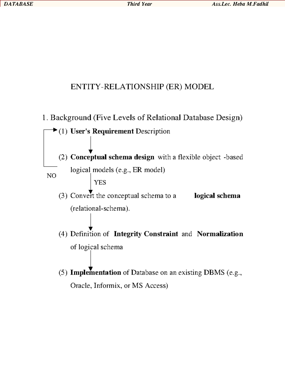 Ch3 - lecture - ENTITY-RELATIONSHIP (ER) MODEL 1. Background (Five Levels of Relational Database ...