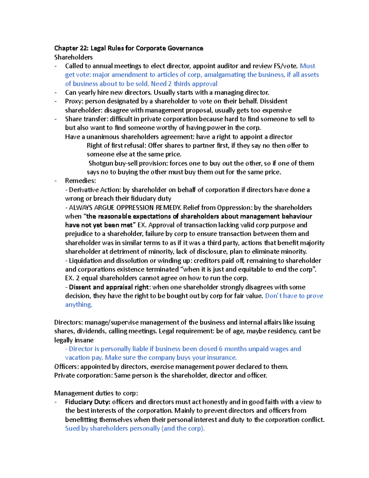 LAW 603 CH 22 - Economic notes - Chapter 22: Legal Rules for Corporate ...