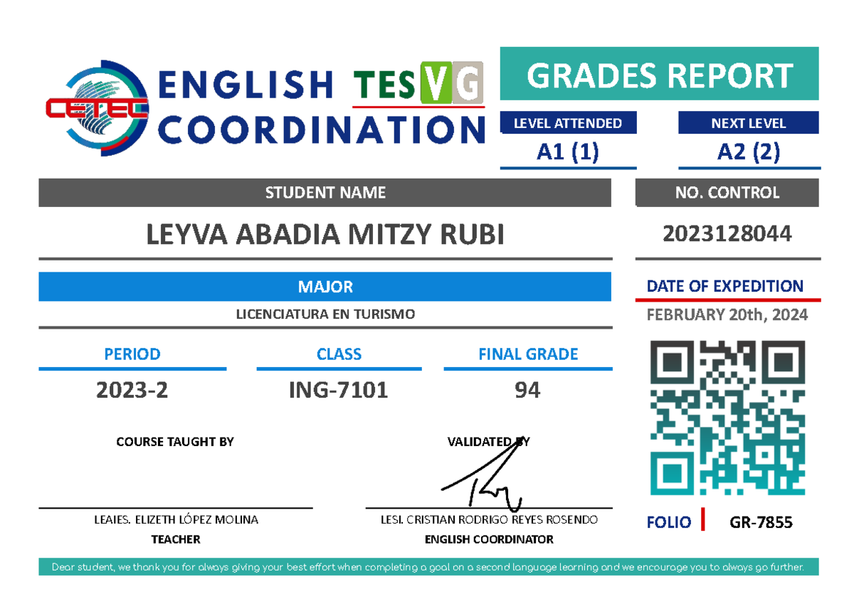 GR A1 ING-7101 - 2023128044 - GRADES REPORT LEVEL ATTENDED NEXT LEVEL ...
