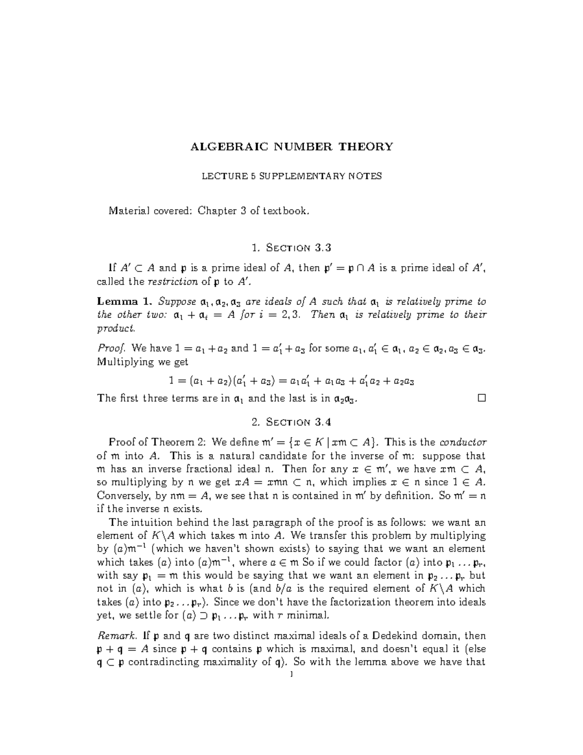 Topics in Algebraic Number Theory Part 5 - ALGEBRAIC NUMBER THEORY ...