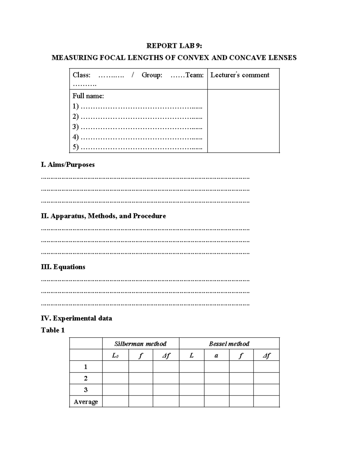 Report LABvqwqwe - REPORT LAB 9: MEASURING FOCAL LENGTHS OF CONVEX AND ...