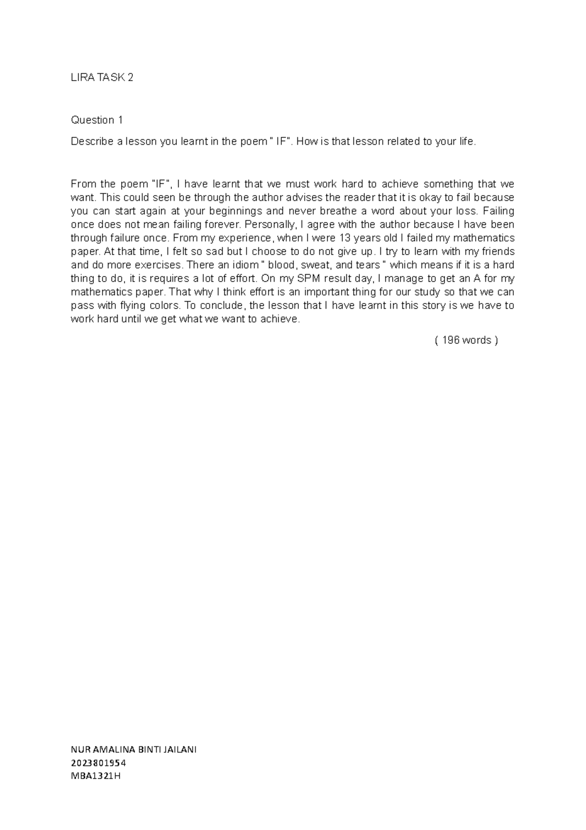 ELC Amalina - islam - LIRA TASK 2 Question 1 Describe a lesson you ...