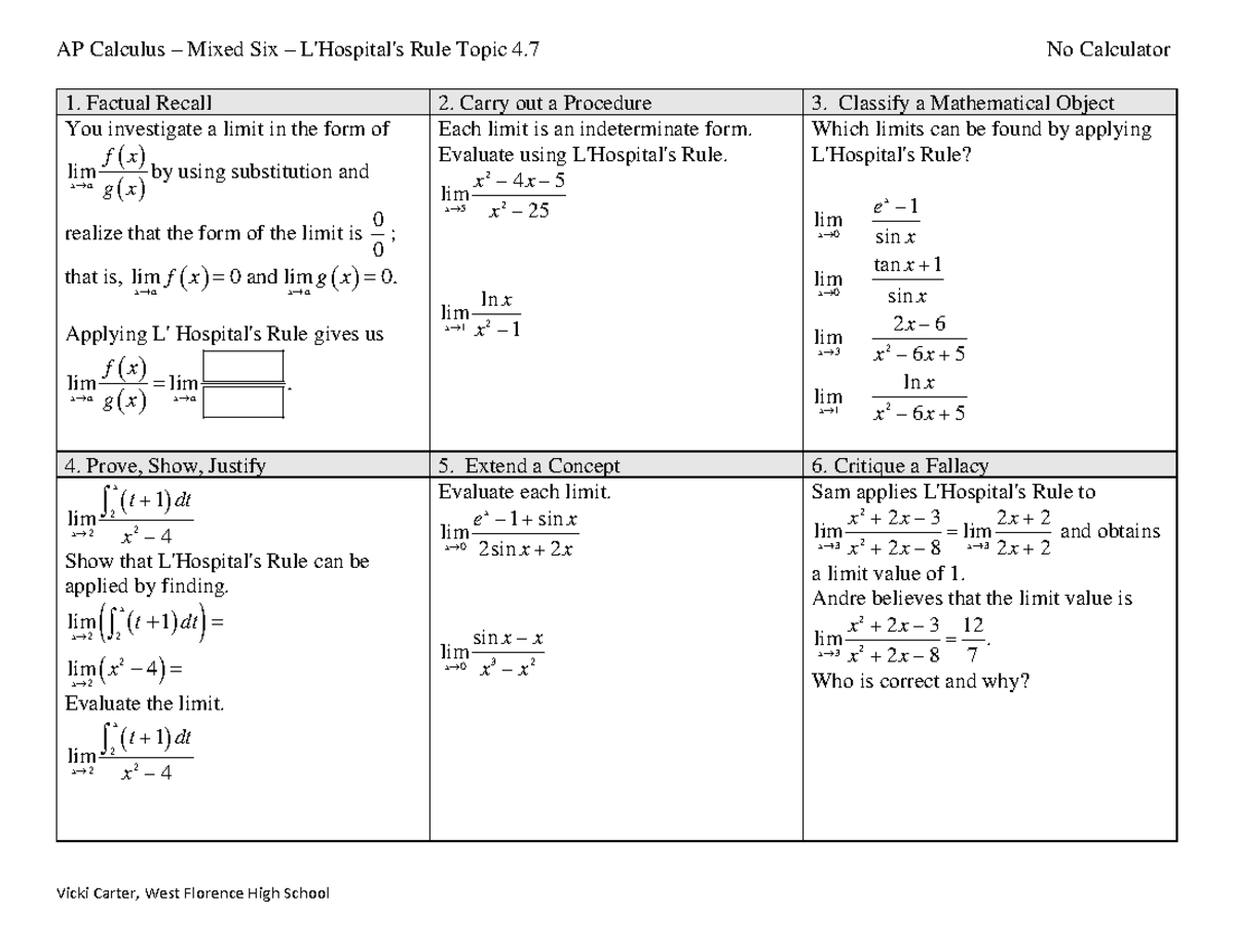 L Hospital - AP Calculus L'Hopital's Rule (Source: West Florence High ...