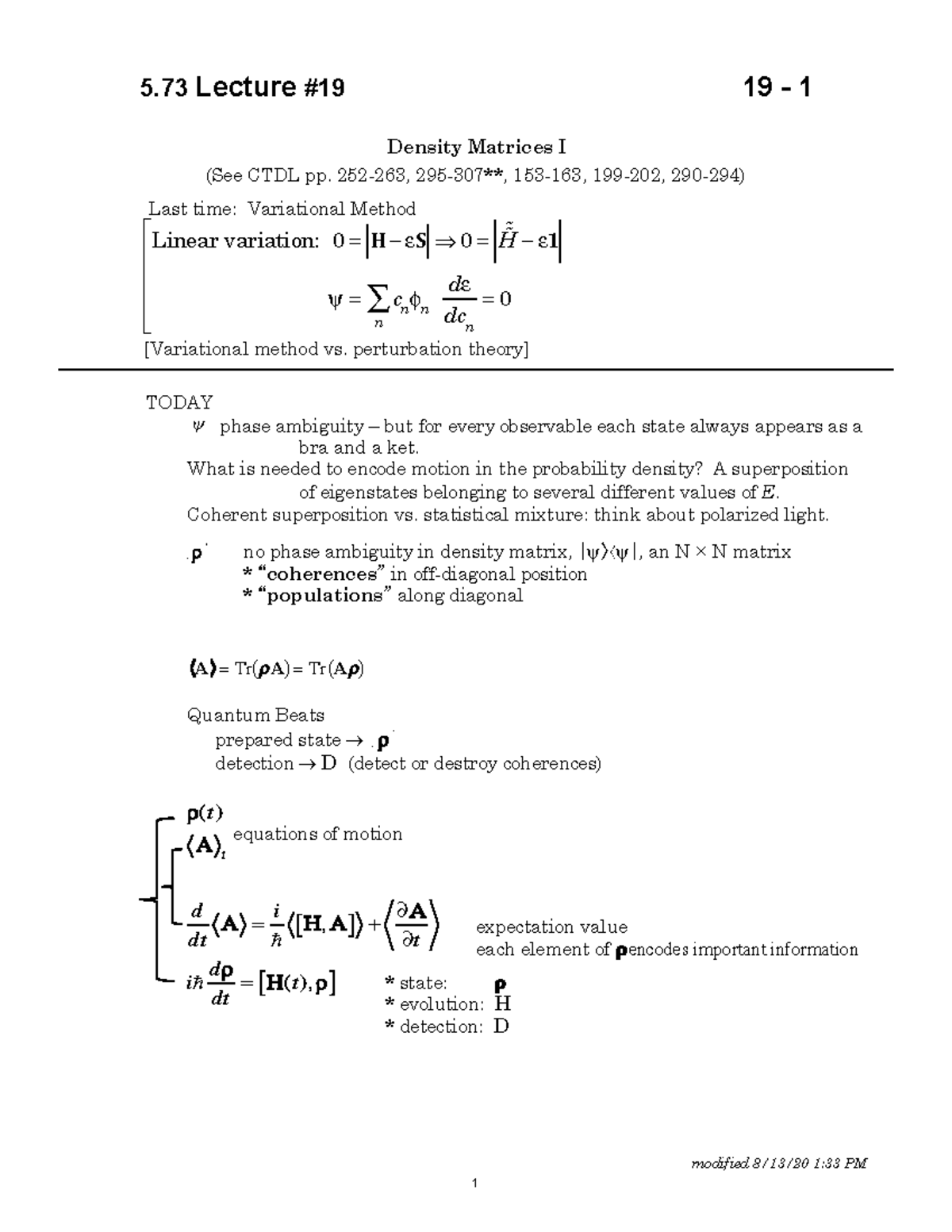 Density Matrices I (PDF) - ! Density Matrices I (See CTDL pp. 252-263 ...